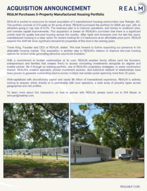 REALM Purchases 5-Property Manufactured Housing Portfolio near Raleigh ...